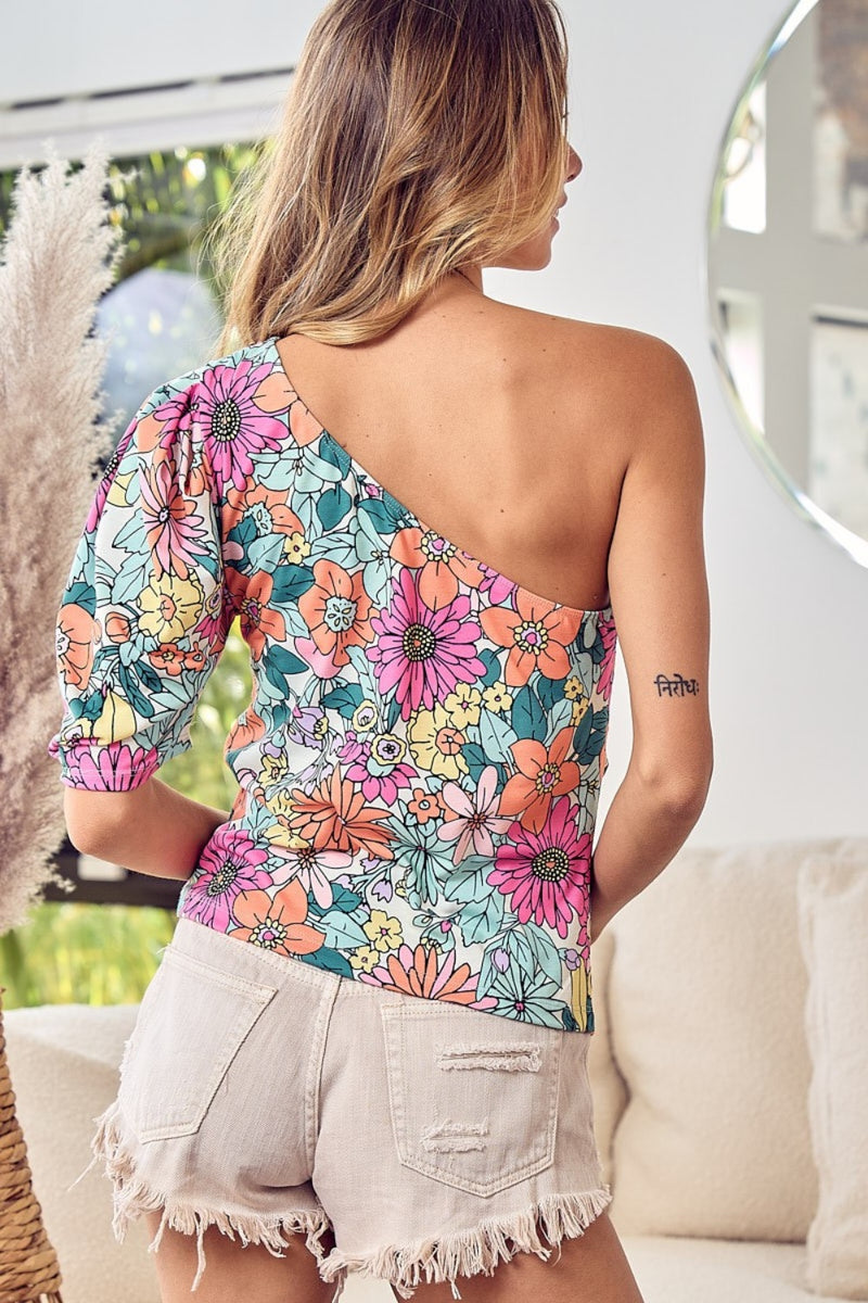 Floral Puff Sleeve One Shoulder Top – Femmebot Clothing
